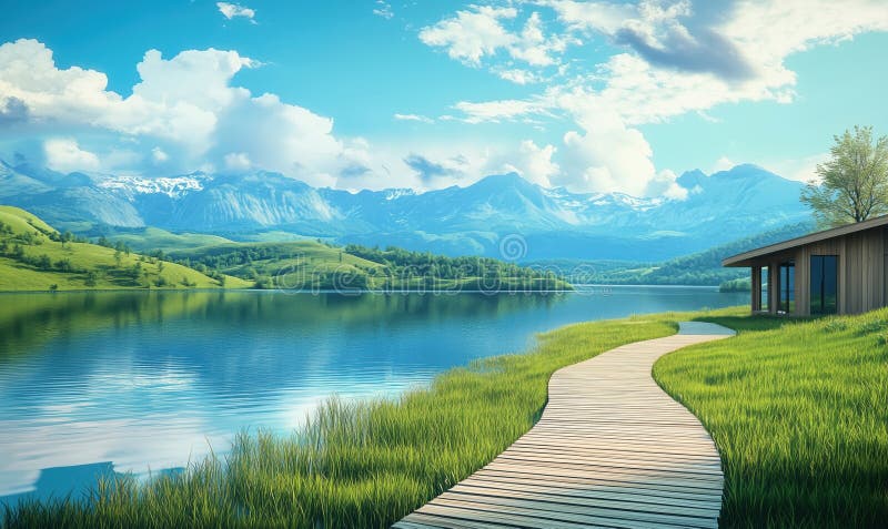 Scenic Lakeside View with Mountains and Wooden Pathway in Tranquil ...