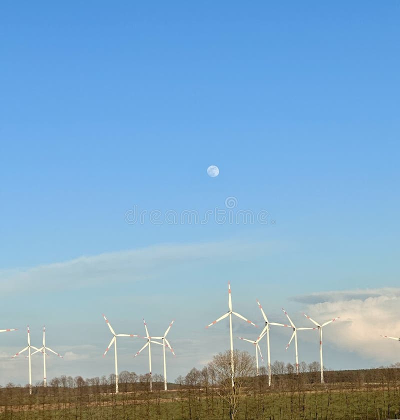 Wind Turbines Under the Moonlight Stock Image - Image of minimalism ...