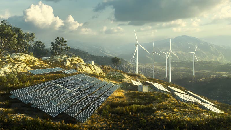 Renewable Energy Landscape: Solar Panels on the Hillside with Wind ...
