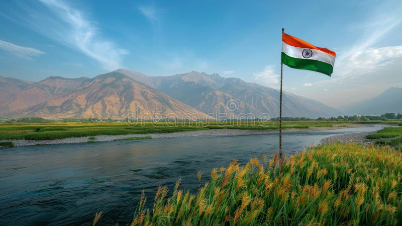 Indian Flag in Background of Landscape with Fields, Mountains, and ...