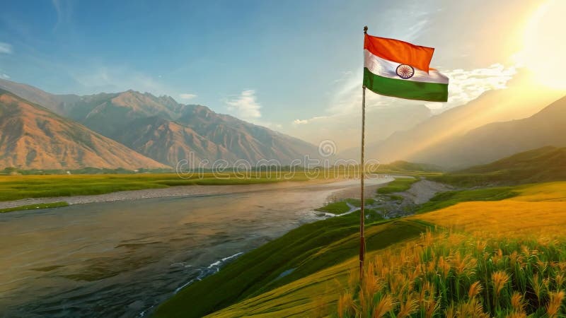 Landscape with Fluttering Indian Flag, Featuring Fields, Mountains, or ...