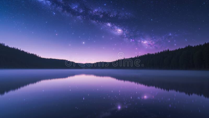 A Scenic Landscape of a Lake Reflecting Starry Night Lights Stock Image ...