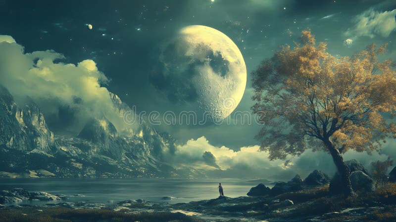 Scenic Landscape with a Large Moon and Autumn Trees Stock Illustration ...