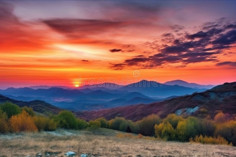 Scenic Landscape with Mountain Range and Sunset Sky Stock Illustration ...