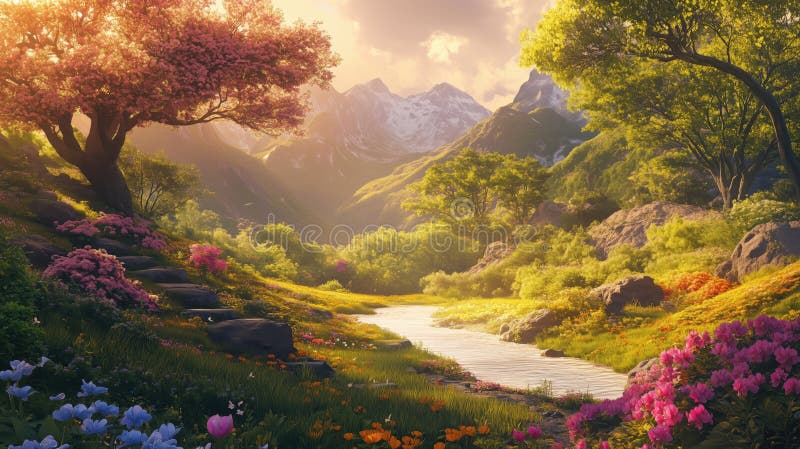 Scenic Landscape with Mountains, River, Flowers, and Trees Stock Photo ...