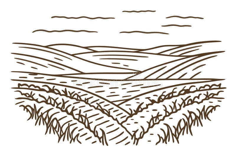 Scenic Landscape Outline with Rolling Hills and Fields Under a Cloudy ...