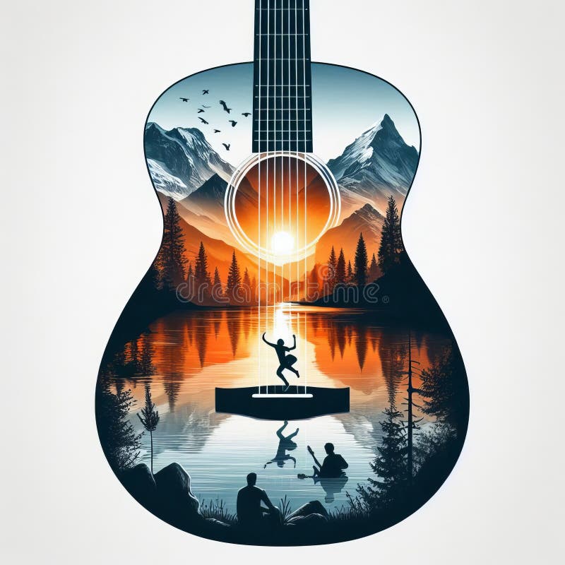 Scenic Landscape Reflected in Guitar Shape Stock Illustration ...