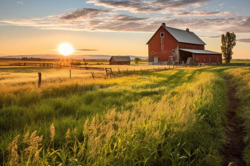 Scenic Landscape with Restored Barn and Surrounding Fields Stock ...