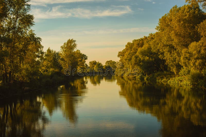 Scenic Landscape of a River with a Linear Perspective in the Center of ...