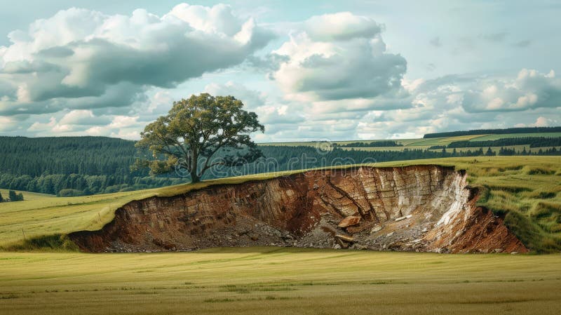 Scenic Landscape with Solitary Tree on Cliff and Expansive Green Fields ...