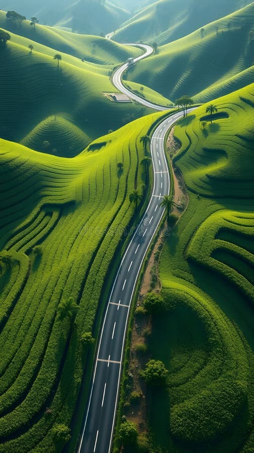 Scenic Landscape of Tea Fields and a Curved Road Stock Illustration ...