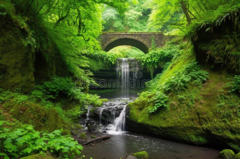 Scenic Landscape with Waterfall, Surrounded by Lush Greenery Stock ...