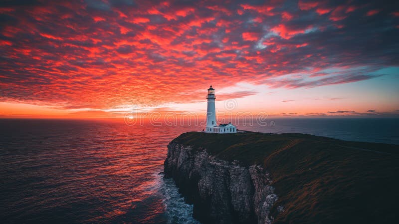 A Scenic Lighthouse Atop a Cliff during a Vibrant Sunset. Stock Image ...