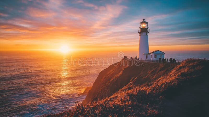Scenic Lighthouse on a Cliff at Sunset with People Strolling Along the ...