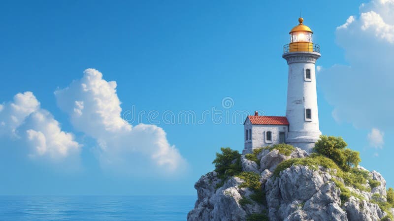 Scenic Lighthouse on Rocky Coast Under Blue Sky with Fluffy Clouds ...