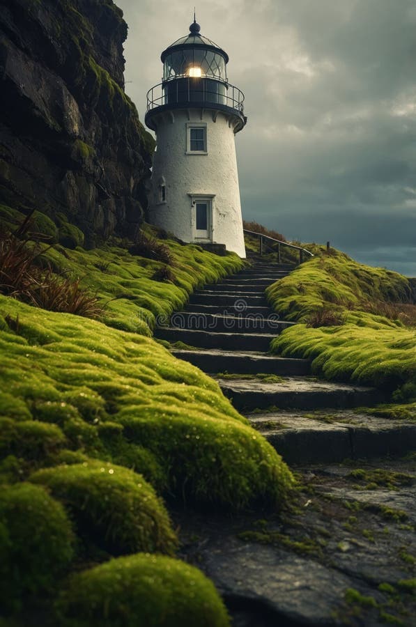Lighthouse on a Mossy Cliffside Path at Dusk Stock Illustration ...