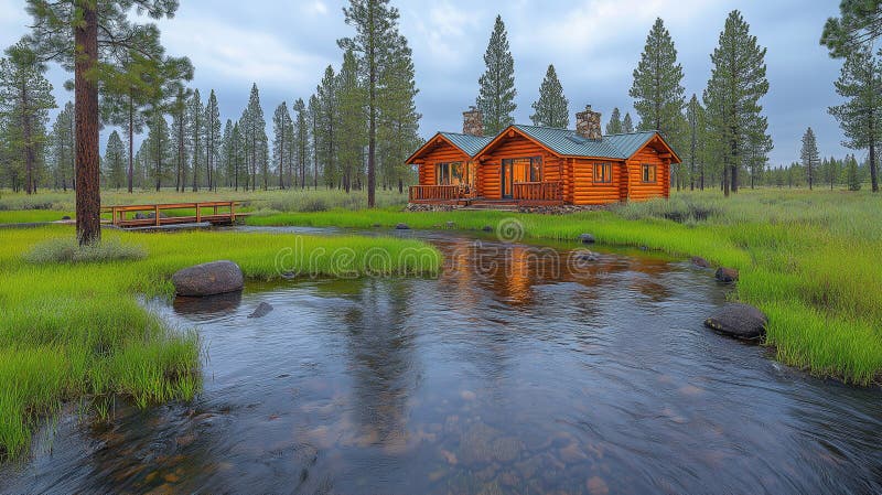 Scenic Log Cabin by River in Pine Forest Under Cloudy Sky Stock Photo ...
