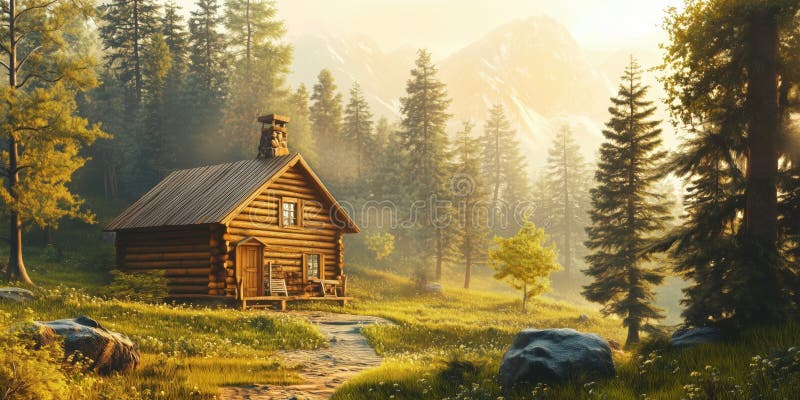 Scenic Log Cabin in Serene Forest Landscape with Mountains and Sunlight ...