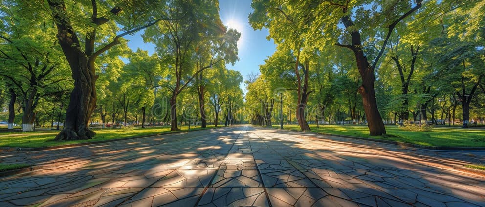 Scenic Low Angle View of Public Park with Trees and Walk Paths. Stock ...