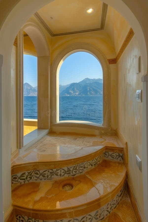 Scenic Mediterranean View from Elegant Arched Window Overlooking Ocean ...