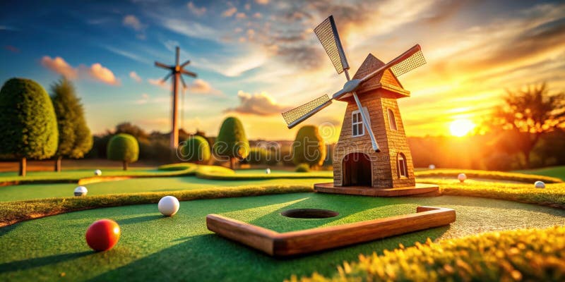 Scenic Miniature Golf Course at Sunset with a Windmill. Generative AI ...