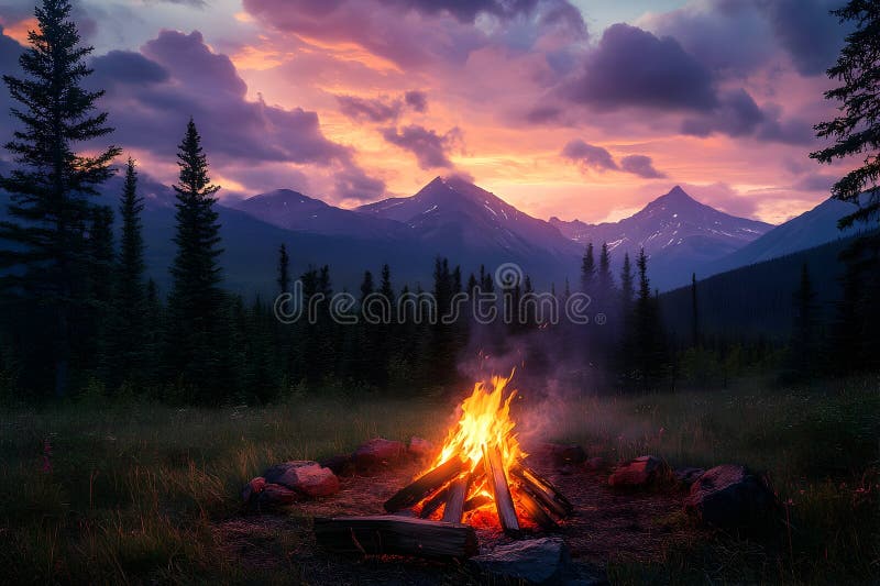 Scenic Mountain Campfire at Sunset with Vibrant Sky and Pine Trees ...