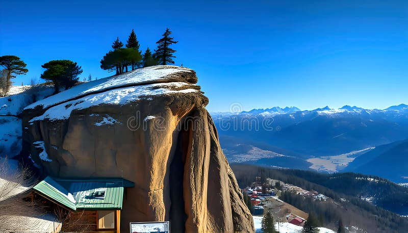 Scenic Mountain Cliff with Snow-Covered Peaks and Forest View Stock ...