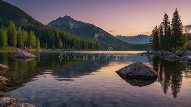 Scenic Mountain Lake Sunset Forest Reflections Smooth Water Surface ...
