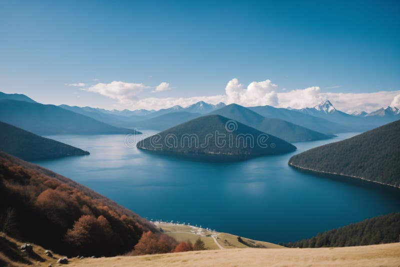 Scenic Mountain Lake Under Clear Blue Sky Stock Illustration ...