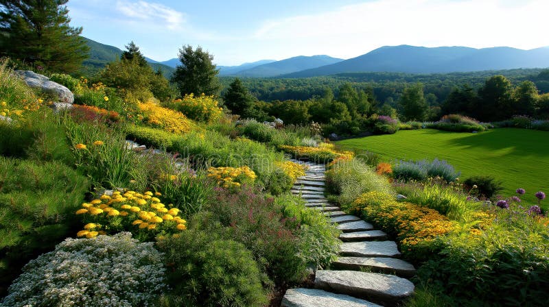 Scenic Mountain Landscape with Stone Path and Vibrant Floral Garden ...