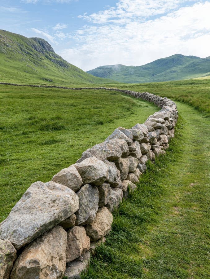 Scenic Mountain Landscape with Stone Wall Path Stock Illustration ...