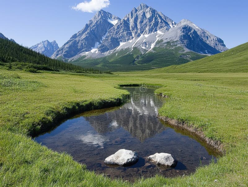 Scenic Mountain Landscape with a Stream Reflecting the Peaks. Stock ...