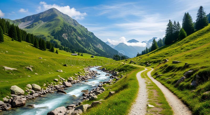 Scenic Mountain Landscape with Winding Dirt Path and Forested Hill ...