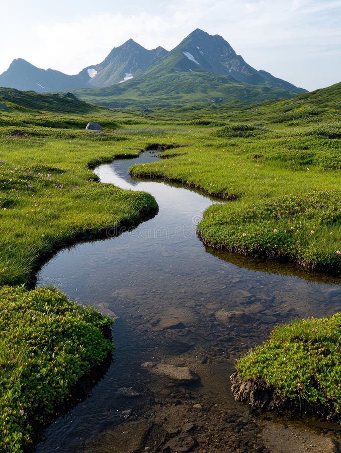 Scenic Mountain Landscape with a Winding Stream Flowing through a Lush ...