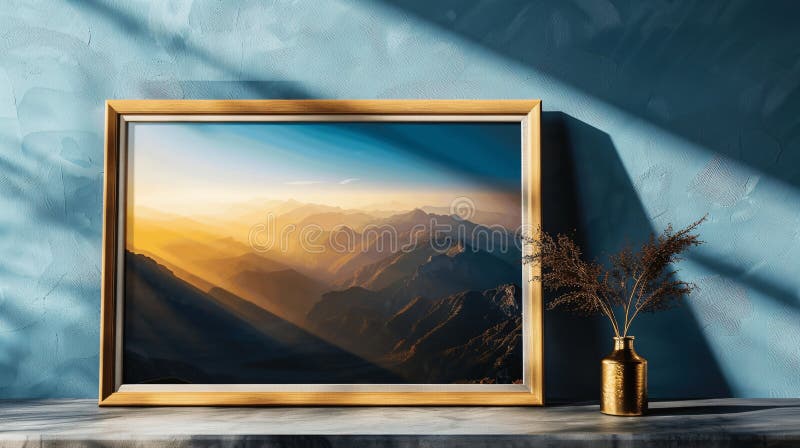 Scenic Mountain Landscape in Wooden Frame with Soft Sunset Lighting ...