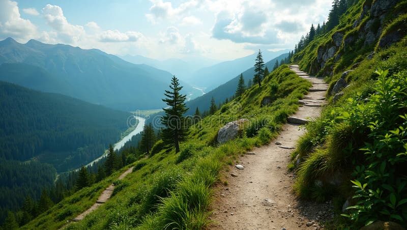 Scenic Mountain Path through Lush Green Landscape Stock Illustration ...