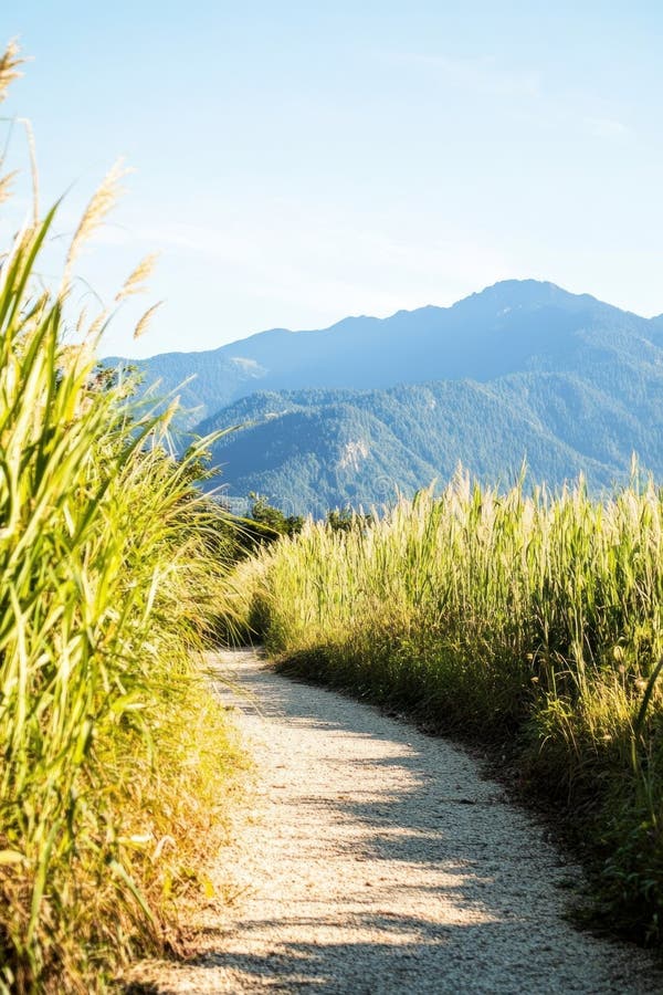 Scenic Mountain Pathway through Tall Grassy Fields Under Clear Blue Sky ...