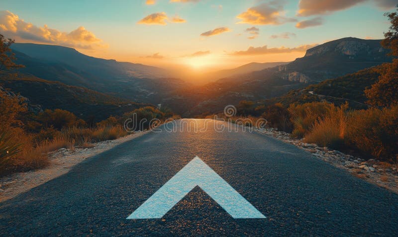Scenic Mountain Road Leading Towards Sunset with Directional Arrow on ...