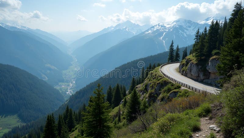 Scenic Mountain Road Overlooking Valley with Pine Trees Stock ...