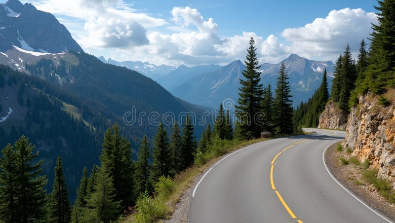 Scenic Mountain Road Overlooking Valley with Pine Trees Stock ...
