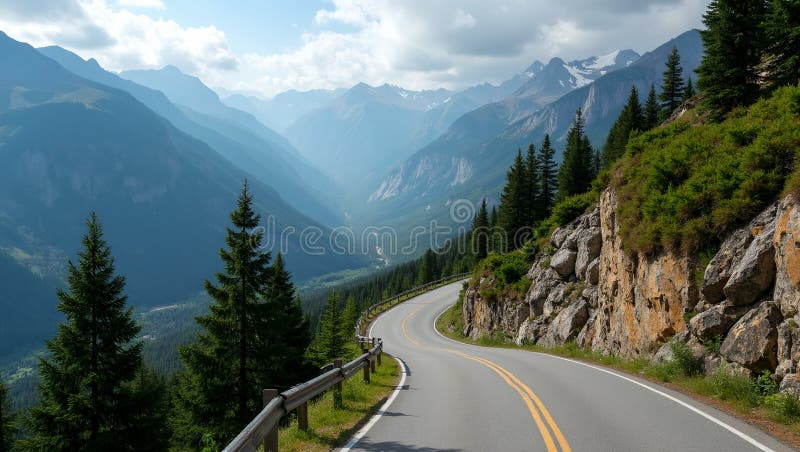 Scenic Mountain Road Overlooking Valley with Pine Trees Stock ...