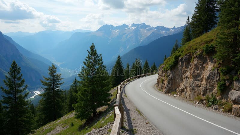 Scenic Mountain Road Overlooking Valley with Pine Trees Stock ...