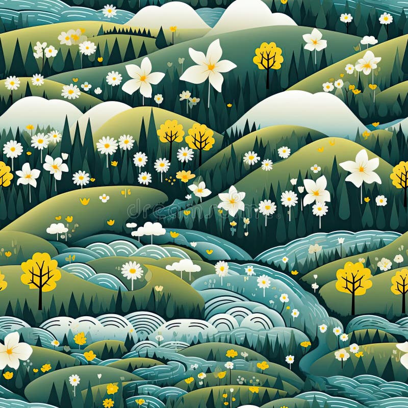 Scenic Mountain Scenes with Floral Patterns and Gentle Whimsy (tiled ...