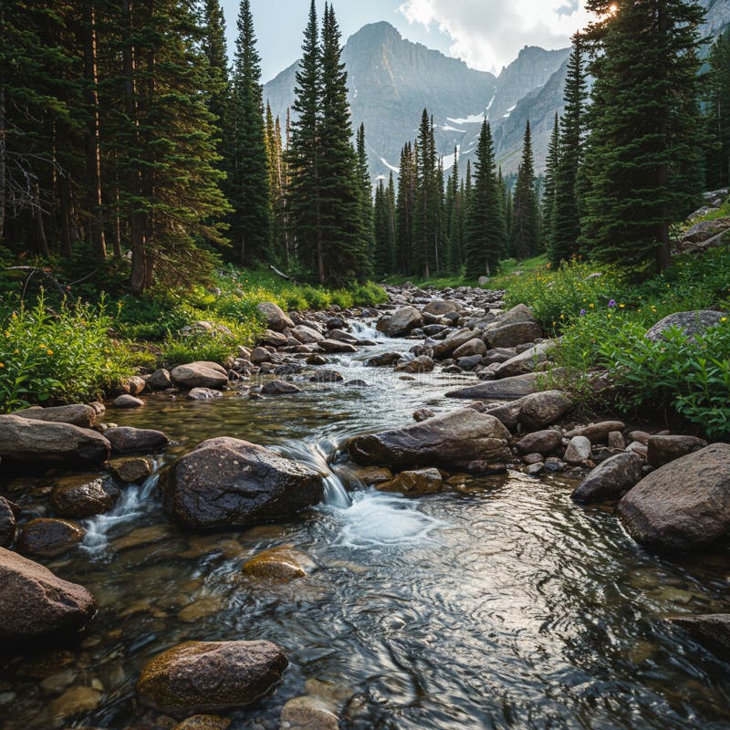 A Scenic Mountain Stream Flows through a Lush Evergreen Forest ...