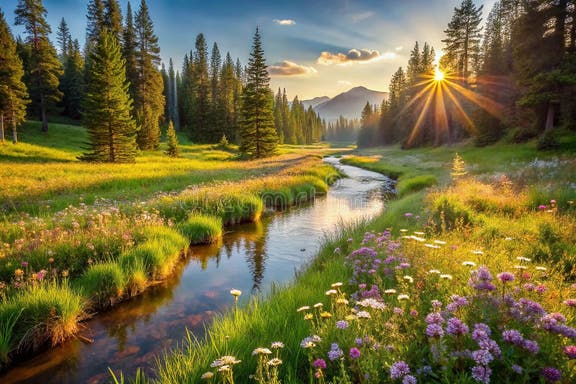 Scenic Mountain Stream at Sunset Stock Illustration - Illustration of ...