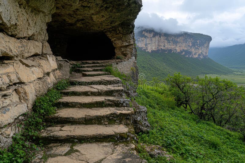 Scenic Mountain Trail with Stone Steps Leading To a Cave Entrance Stock ...