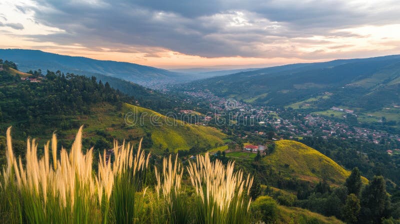 Scenic Mountain Valley Overlooking Town at Sunrise with Grass in ...