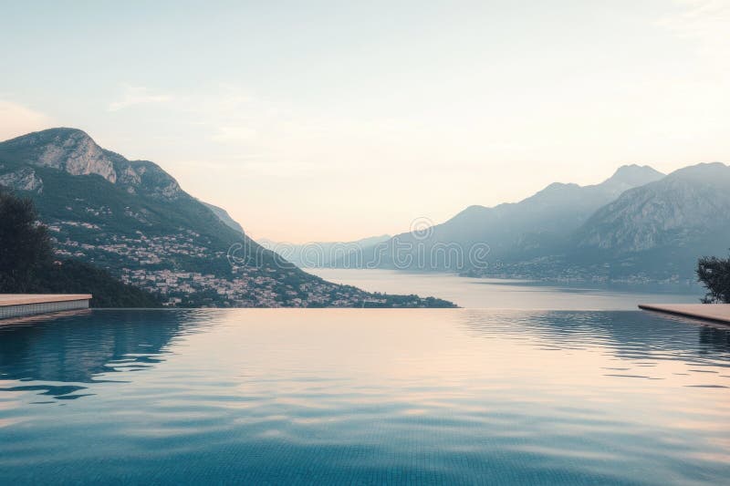 Scenic Mountain View from Infinity Pool at Sunset Over Tranquil Lake ...