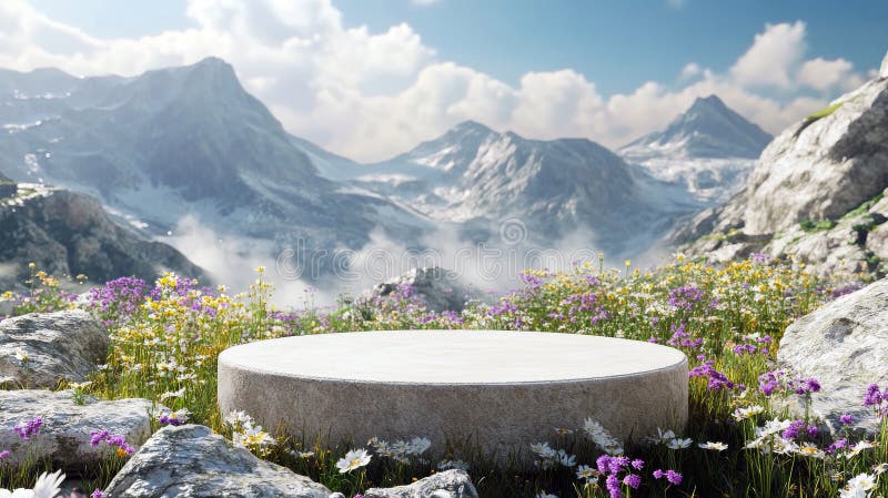 Scenic Mountain View with Wildflowers and Stone Platform Under Blue Sky ...