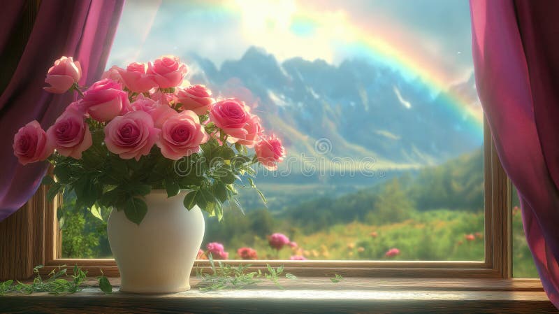 Scenic Mountain View through Window with Pink Roses and Rainbow Stock ...
